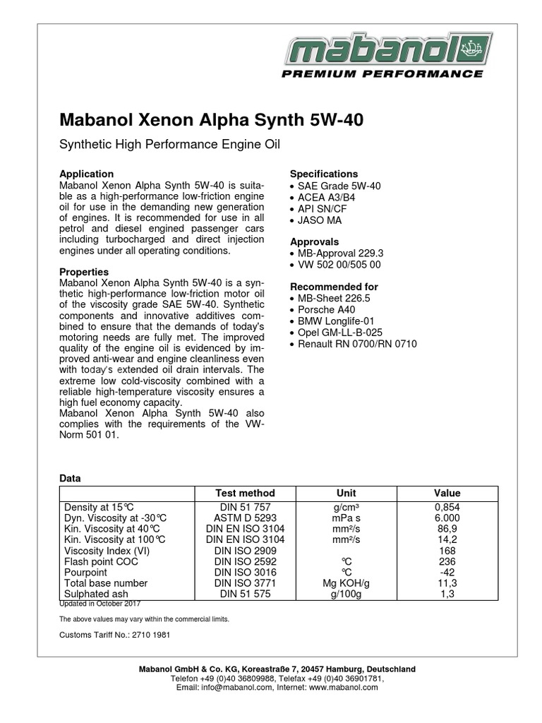 Mabanol Xenon Alpha Synth 5W-40: Synthetic High Performance Engine Oil ...