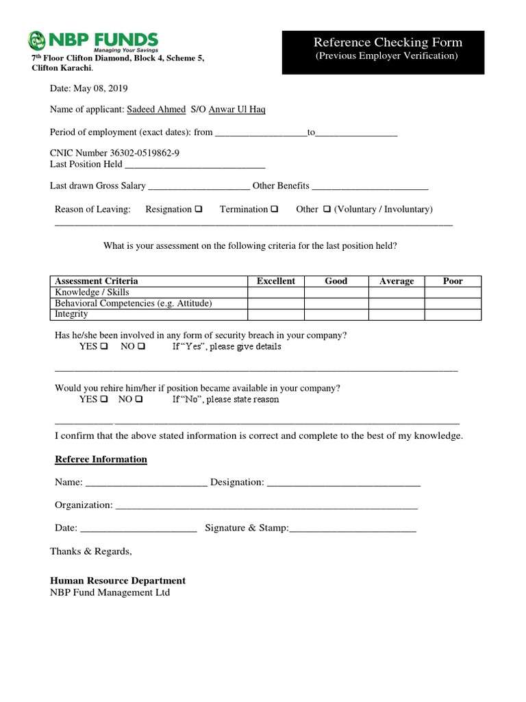 Reference Checking Form: (Previous Employer Verification) | PDF