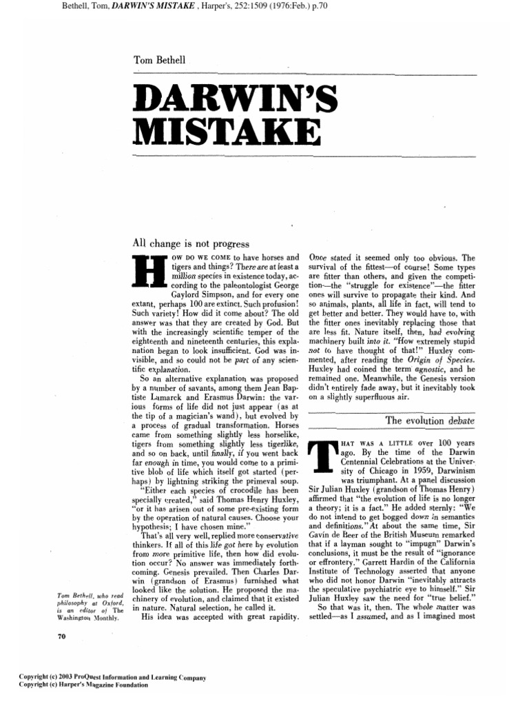 Darwin's Mistake - Harper's - 1976 | PDF | Natural Selection | On The ...