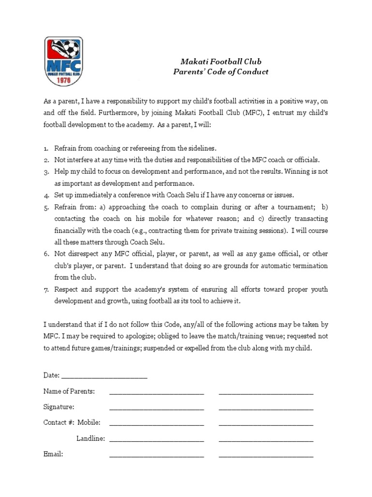 Conducts: Makati Football Club Parents' Code of Conduct | PDF