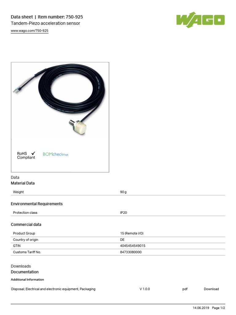 Data Sheet - Item Number: 750-925 Tandem-Piezo Acceleration Sensor ...