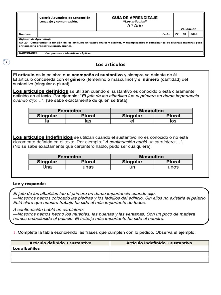 Guía Lenguaje Articulo Definido e Indefinido | PDF | Sustantivo | Plural