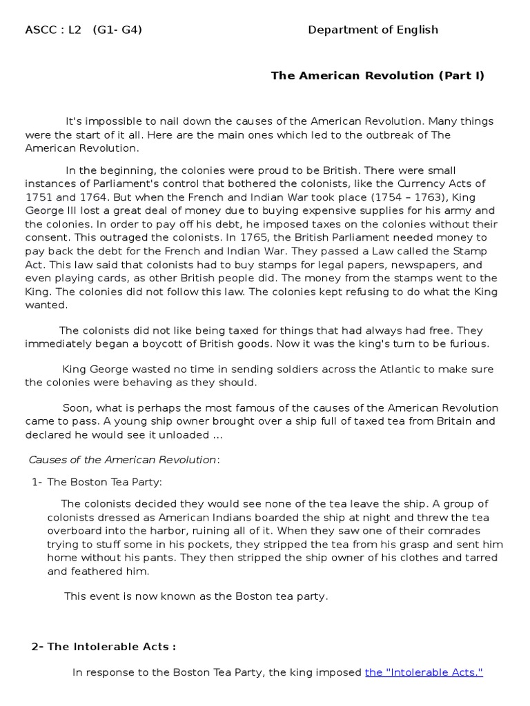 The American Revolution (Part I) : Ascc: L2 (G1-G4) Department of ...