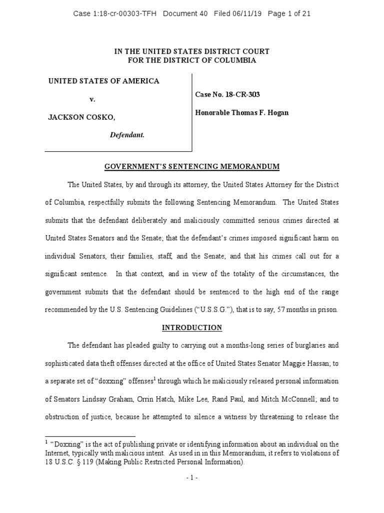 Jackson Cosko Sentencing Memo | PDF | United States V. Booker | United ...