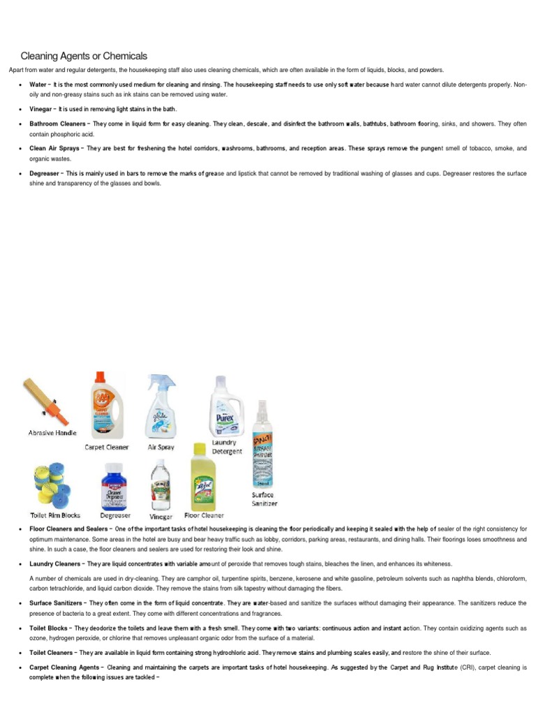 Housekeeping Cleaning Agents Overview | PDF | Housekeeping | Bathroom