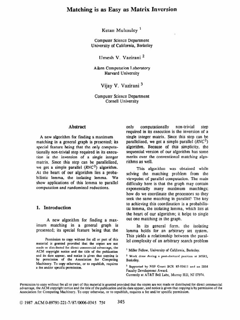 Matching Is As Easy As Matrix Inversion: Ketan Mulmuley ' | PDF ...