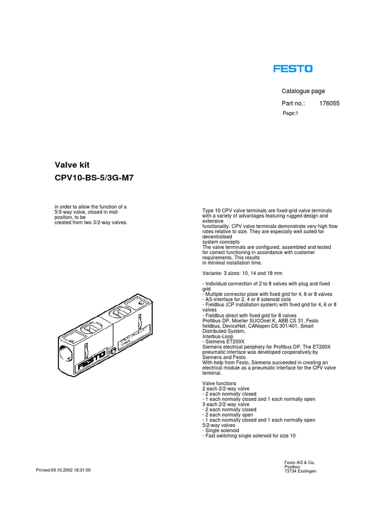 Valve Kit CPV10-BS-5/3G-M7: Catalogue Page | PDF | Electrical Connector ...