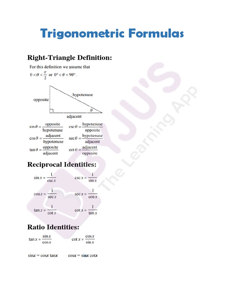Trignometric Formulas | PDF | Trigonometric Functions | Elementary Geometry