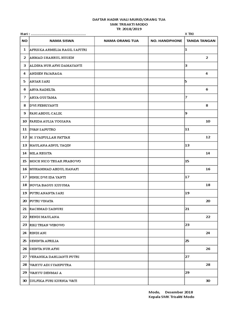 Daftar Hadir Pengambilan Rapor | PDF