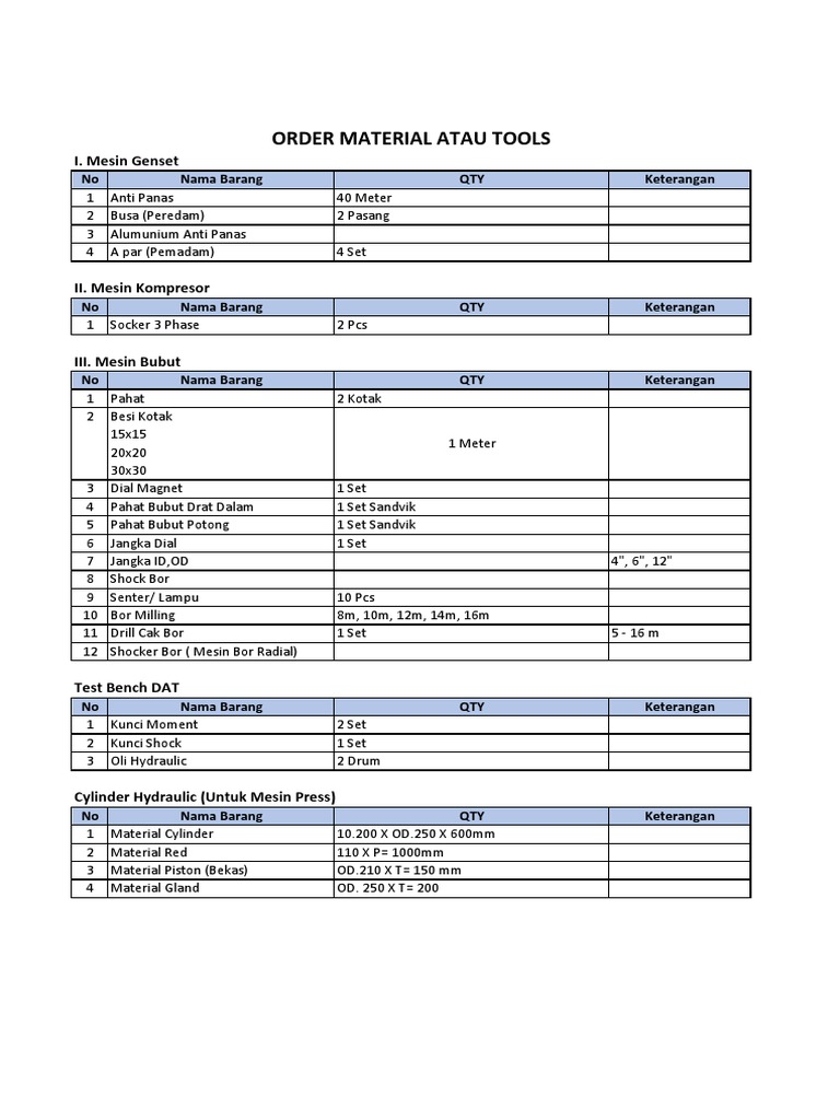 Order Material Atau Tools: I. Mesin Genset | PDF