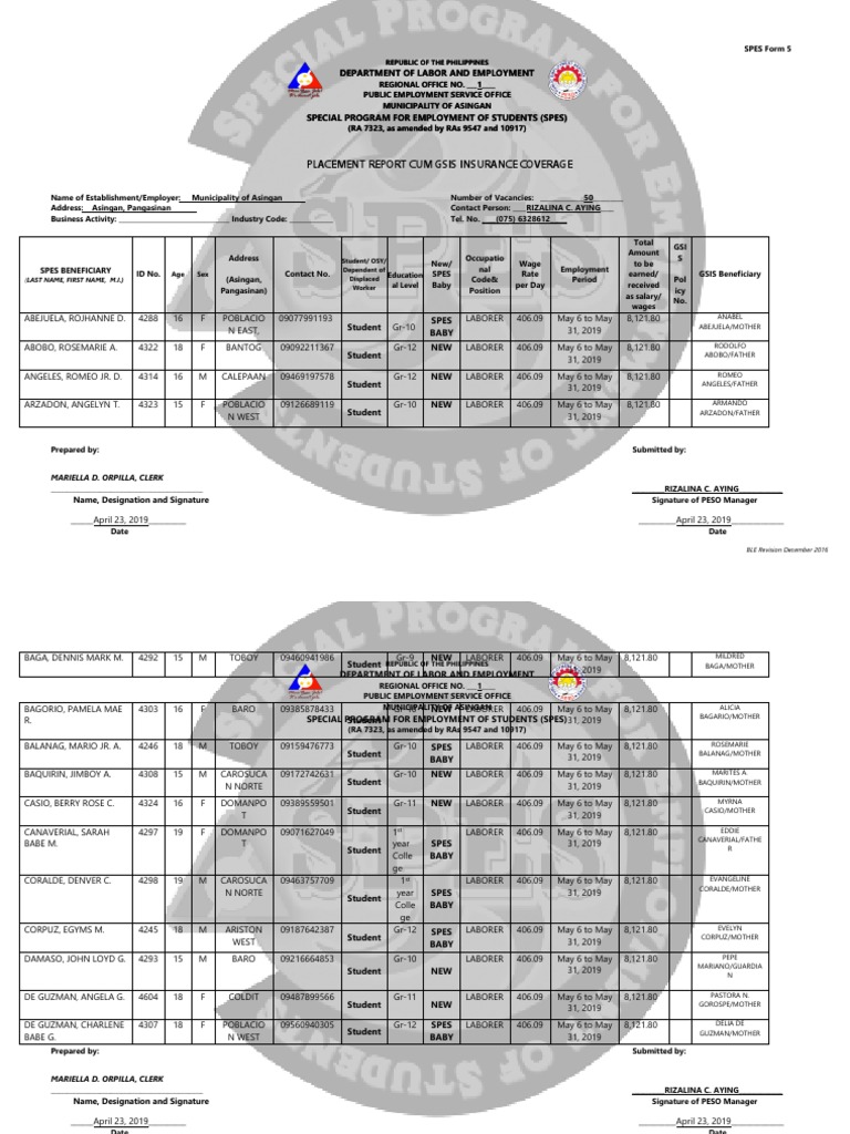 Spes Form 5 - Placement Report Cum Gsis - Dec2016 (2) 12345 | PDF ...