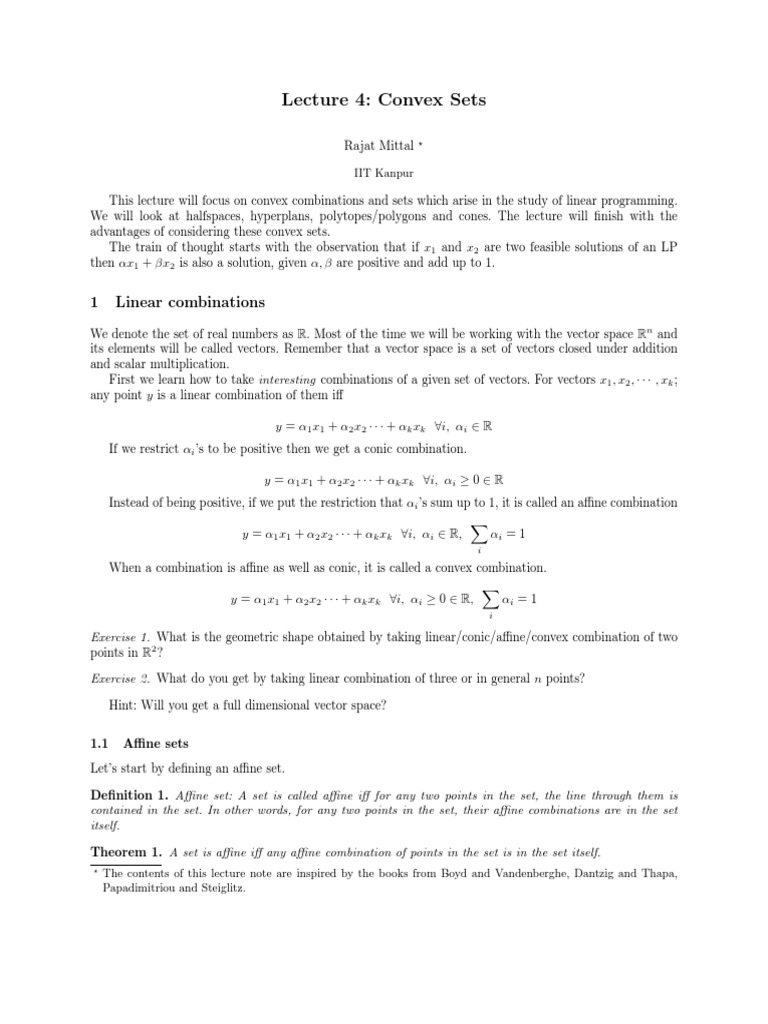 Lecture 4 Convex Sets 1 Linear Combinations Pdf Convex Set 0842