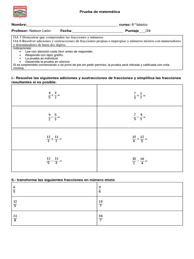 Prueba de Fracciones | PDF | Fracción (Matemáticas) | Números