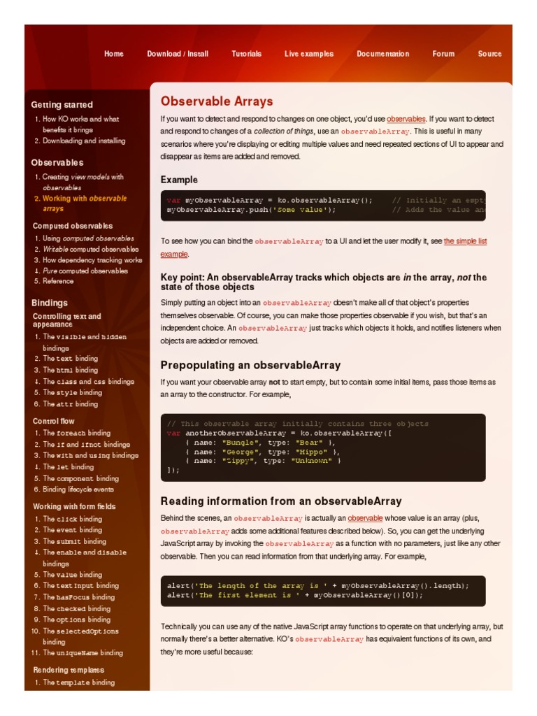Knockoutjs Com Documentation ObservableArrays HTML | PDF | Array Data Structure | Subroutine