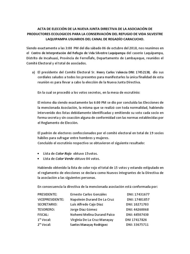 Acta de Elección de La Nueva Junta Directiva de La Asociación de Agricultores | PDF | Eventos ...