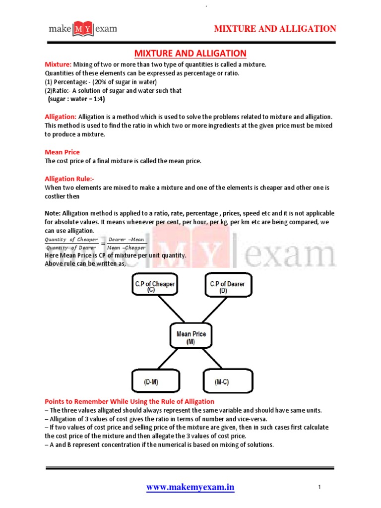 Mixture and Alligation PDF | PDF | Ratio | Percentage