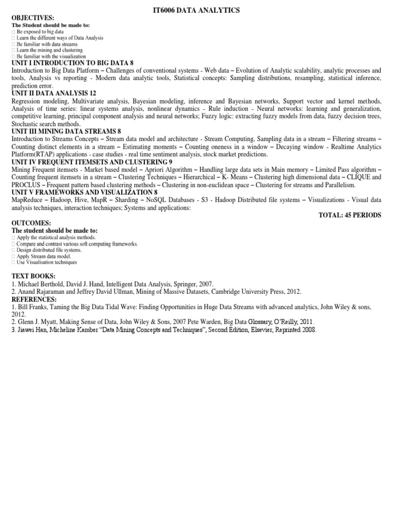 It6006 Data Analytics Syllabus | PDF | Big Data | Analytics