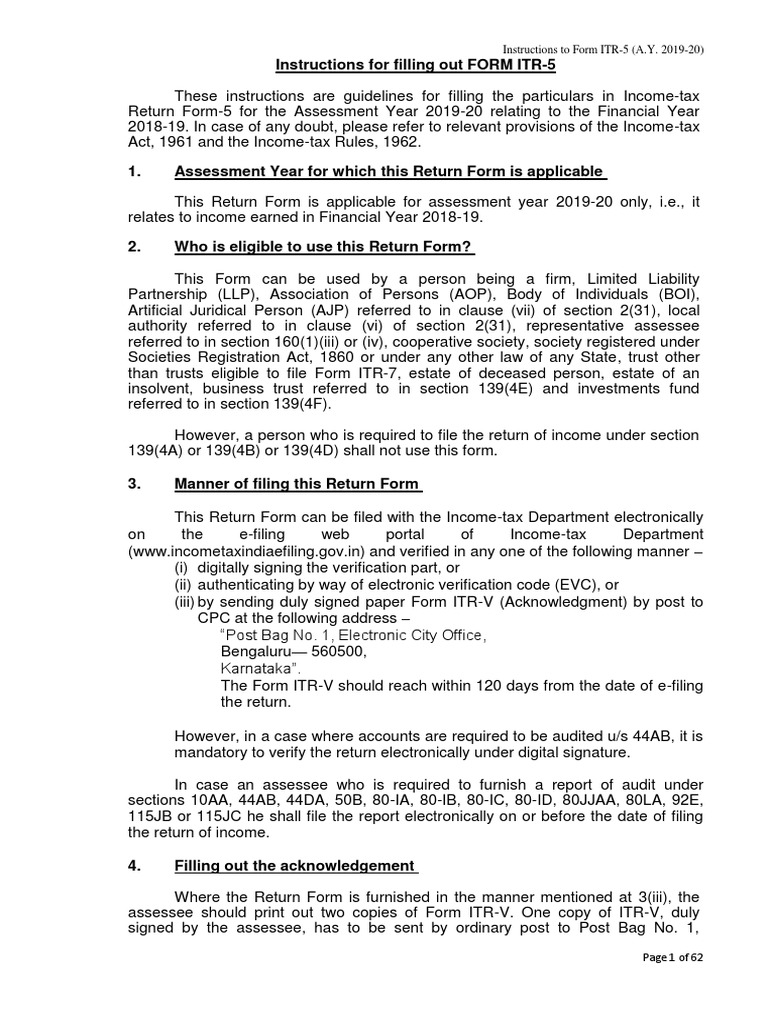 ITR-5 Filing Instructions for A.Y. 2019-20 | PDF | Income Statement ...