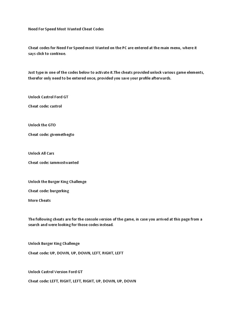 NFS Most Wanted Cheat Codes | PDF