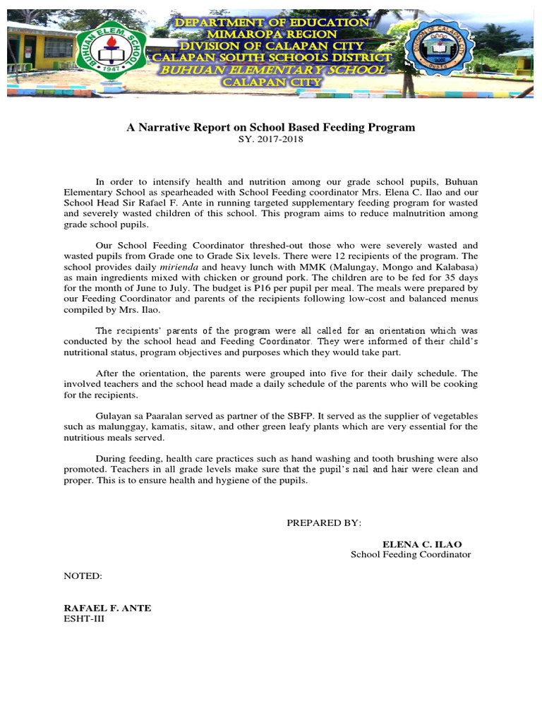 Narrative Report On School Based Feeding Program 2016 | PDF