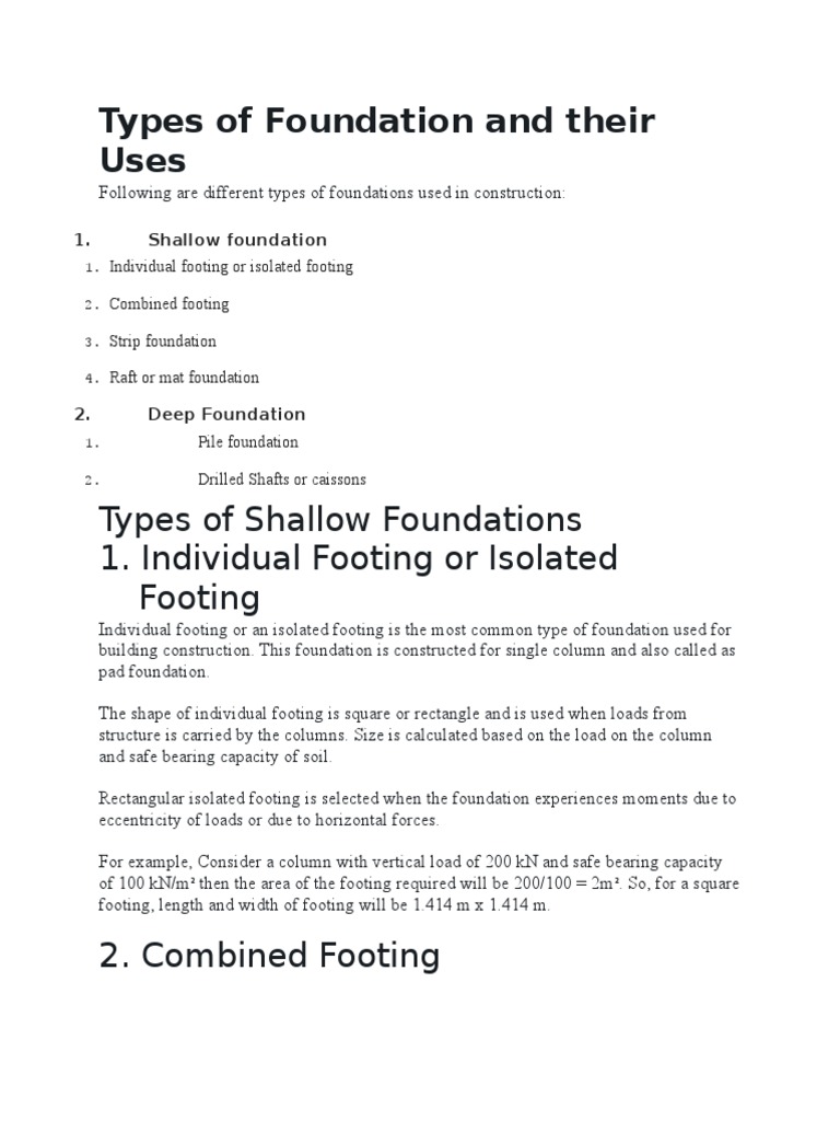 Types of Foundation and Their Uses | PDF | Foundation (Engineering ...