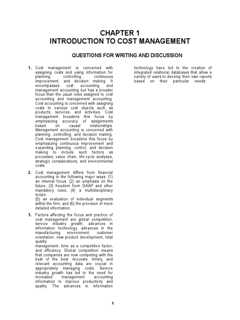 Introduction To Cost Management: Questions For Writing and Discussion ...