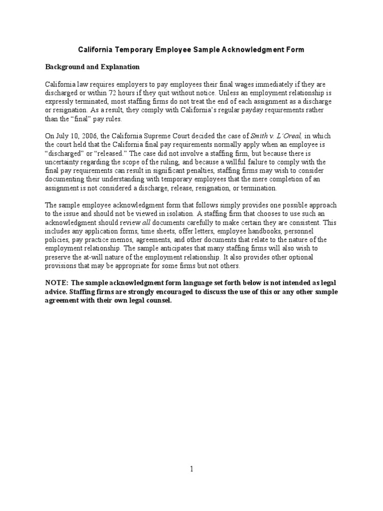 CA Sample Acknowledgment Form | PDF | At Will Employment | Employment