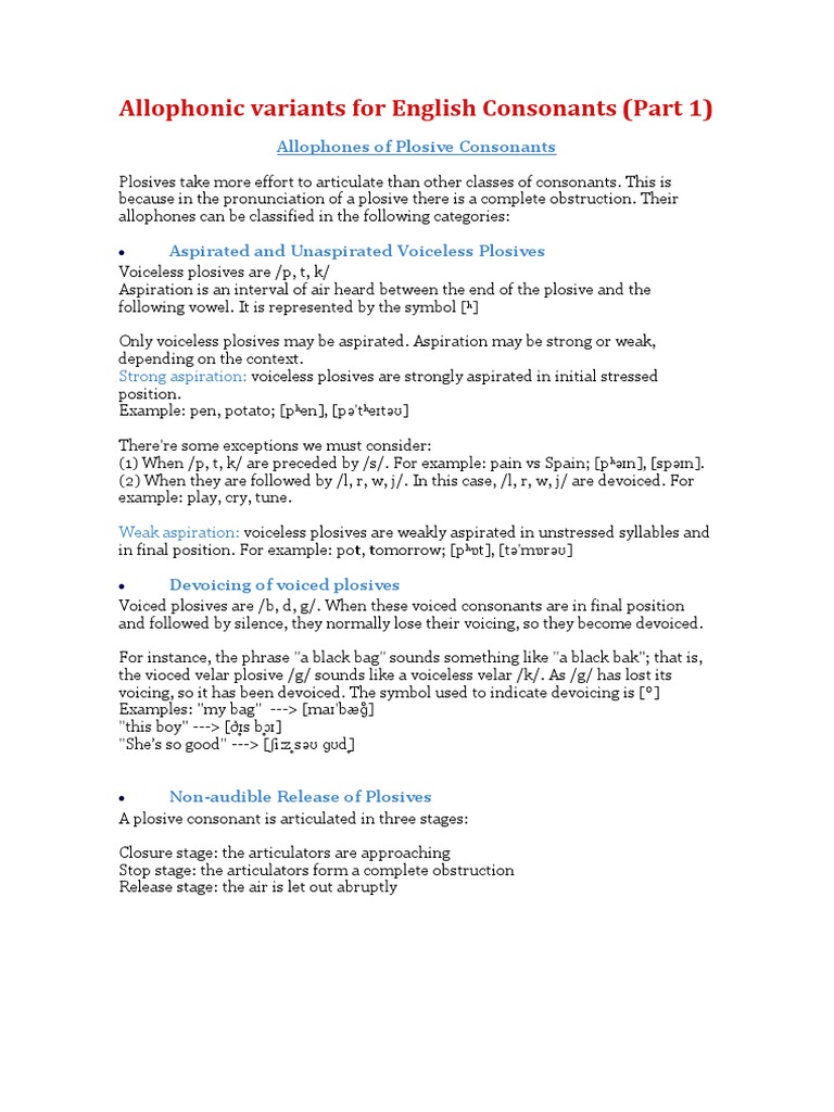 Allophonic Variants For English Consonants | PDF | Vowel | Consonant