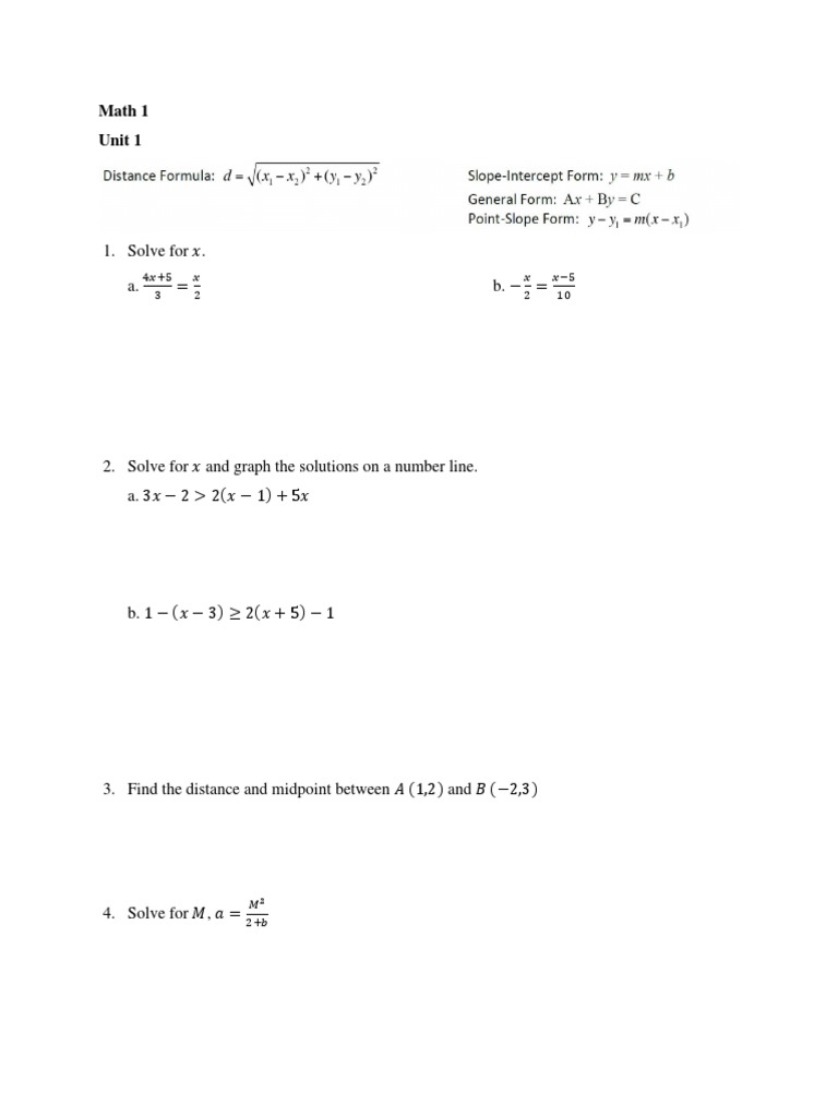 Math 1 Unit 1: 1. Solve For . A. B. | PDF