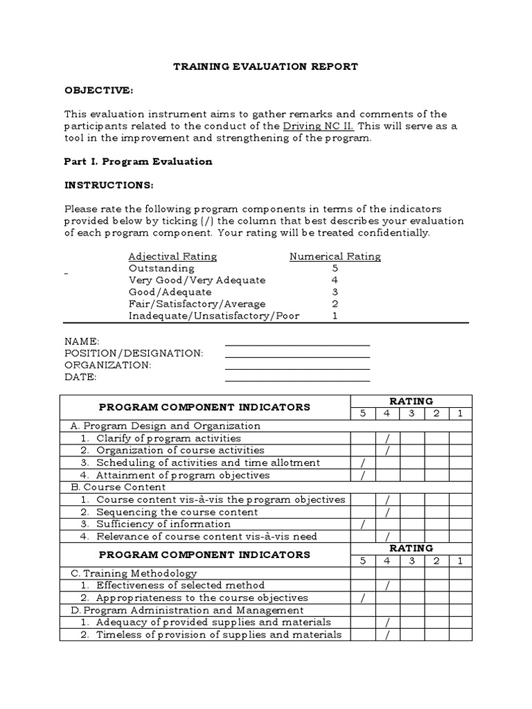 Driving NC II Training Evaluation Report | PDF | Facilitator | Evaluation