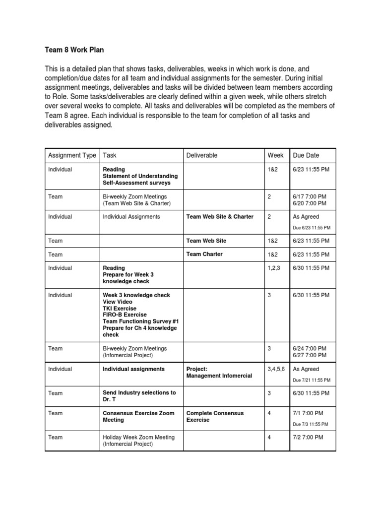Team 8 Work Plan: Assignment Type Task Deliverable Week Due Date | PDF ...