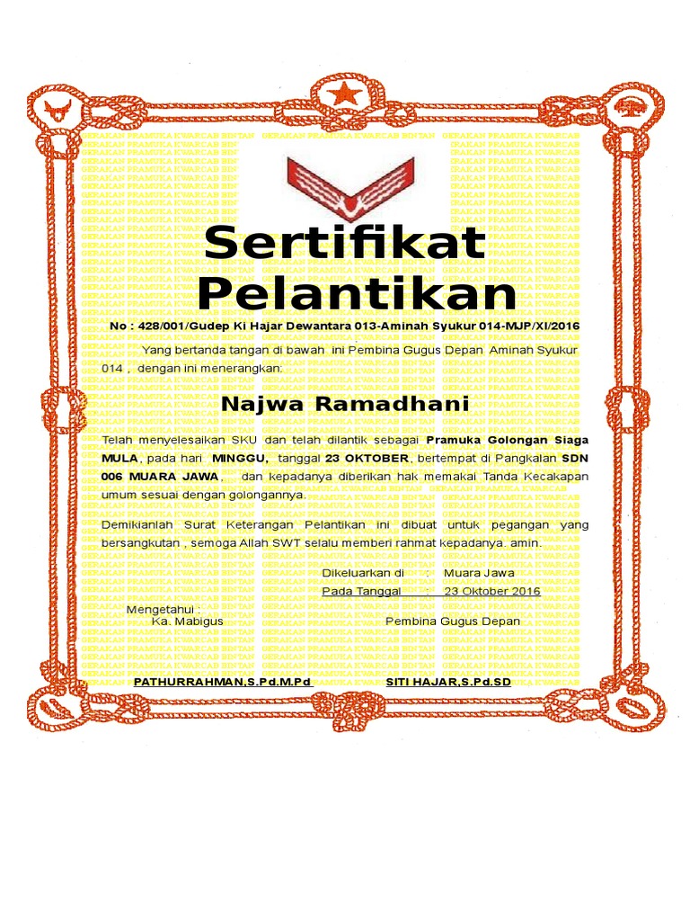 Sertifikat Pelantikan Penggalang | PDF