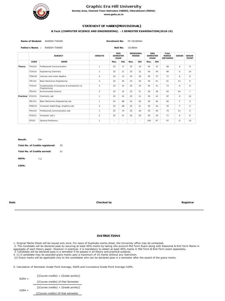 Graphic Era Hill University: Statement of Marks (Provisional) | PDF ...
