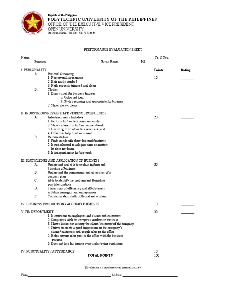 OJT Performance Evaluation Sheet | PDF | Business | Business (General)