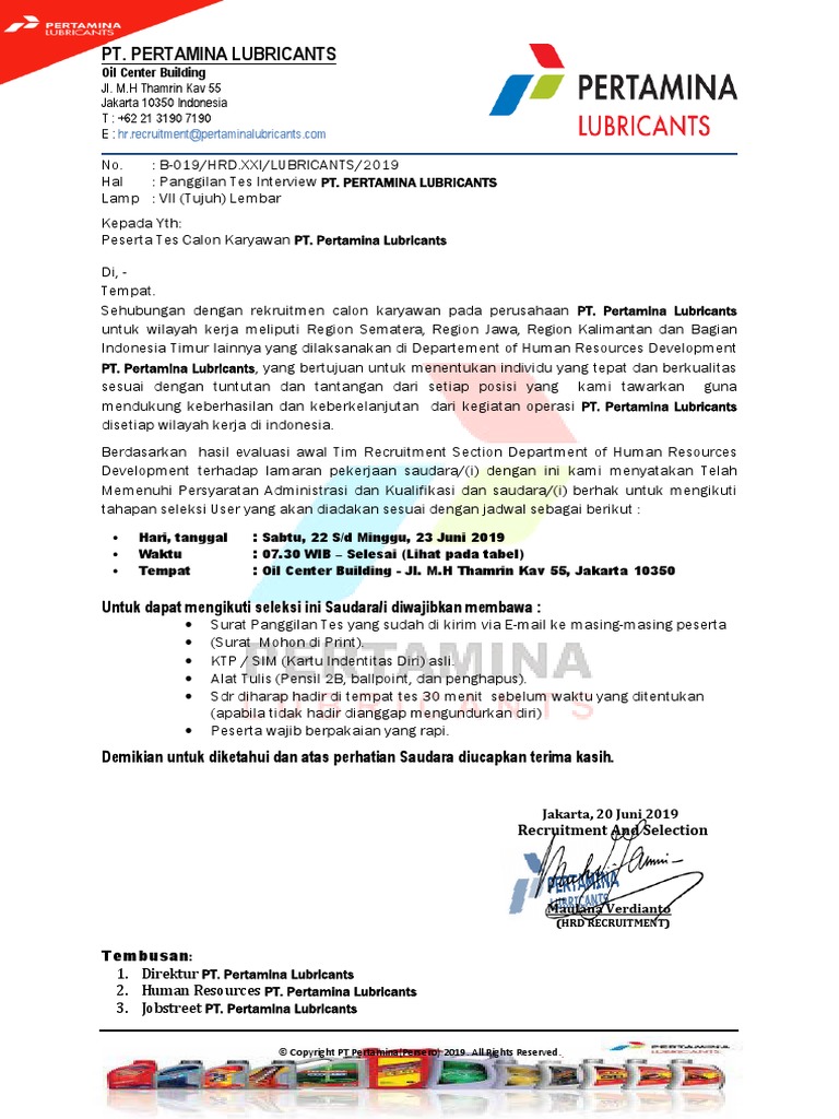 Lampiran Undangan Tes Interview PT. Pertamina Lubricants | PDF | Karier ...