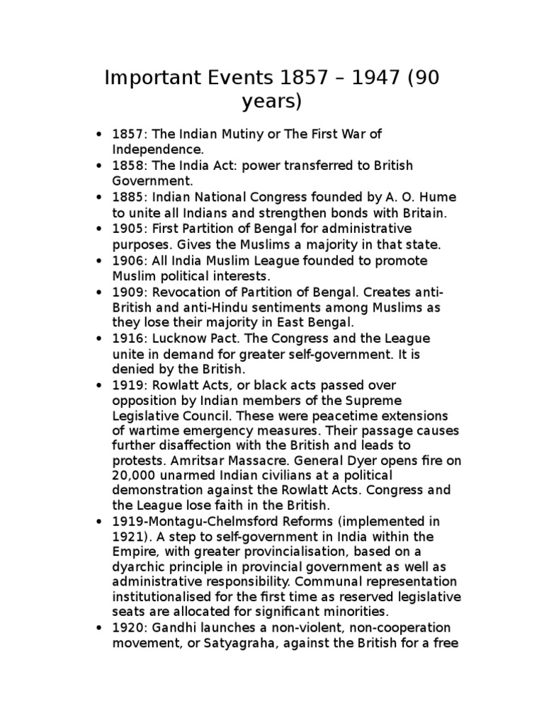 Important Events 1857 1947 | PDF | Partition Of India | All India ...