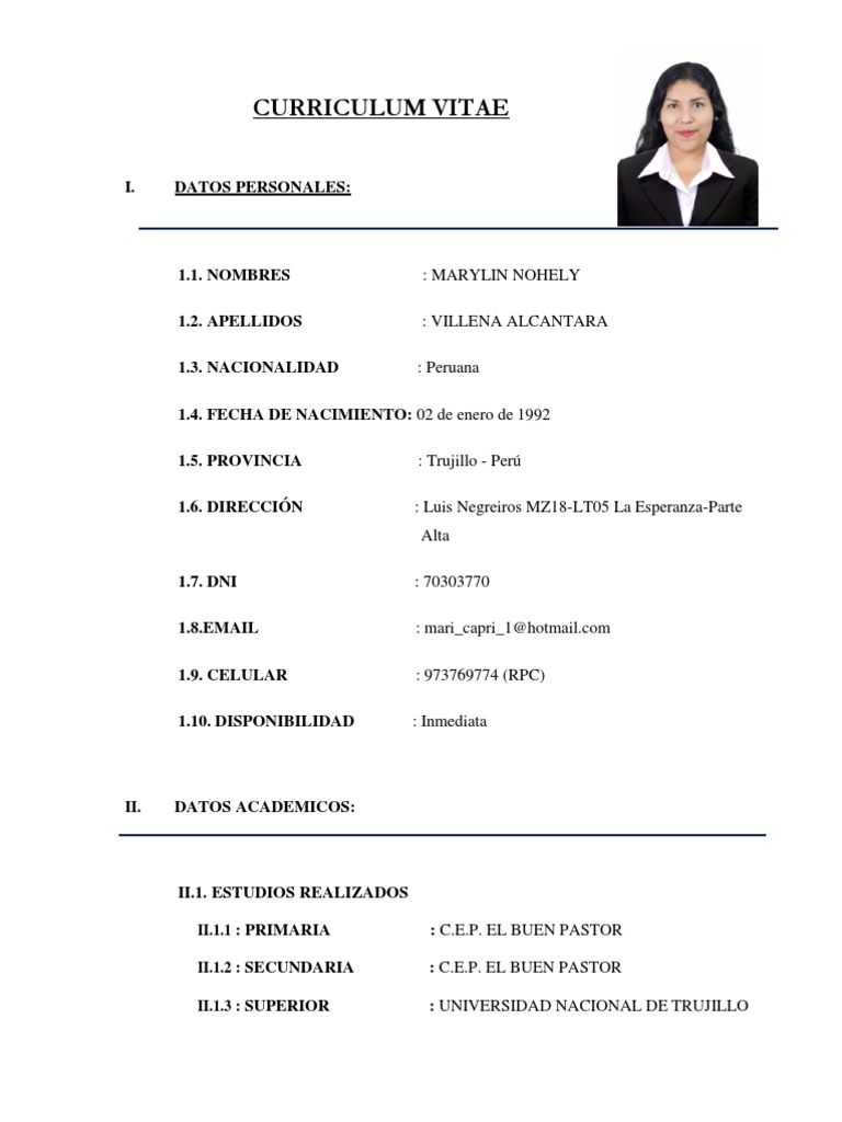 Currículum Vitae de Marylin Nohely Villena | PDF | Farmacia | Cuidado ...