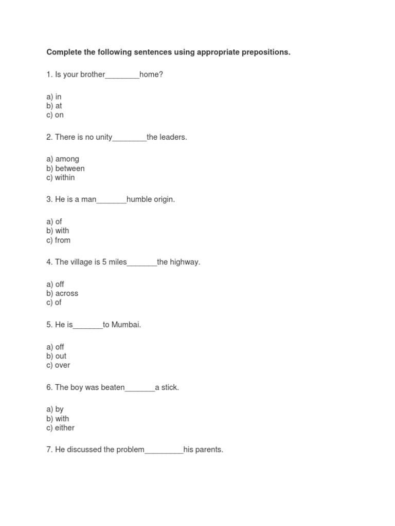 Complete The Following Sentences Using Appropriate Prepositions | PDF ...