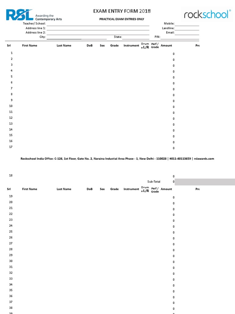 Exam Entry Form 2018: Teacher/ School: Mobile: Address Line 1: Landline ...