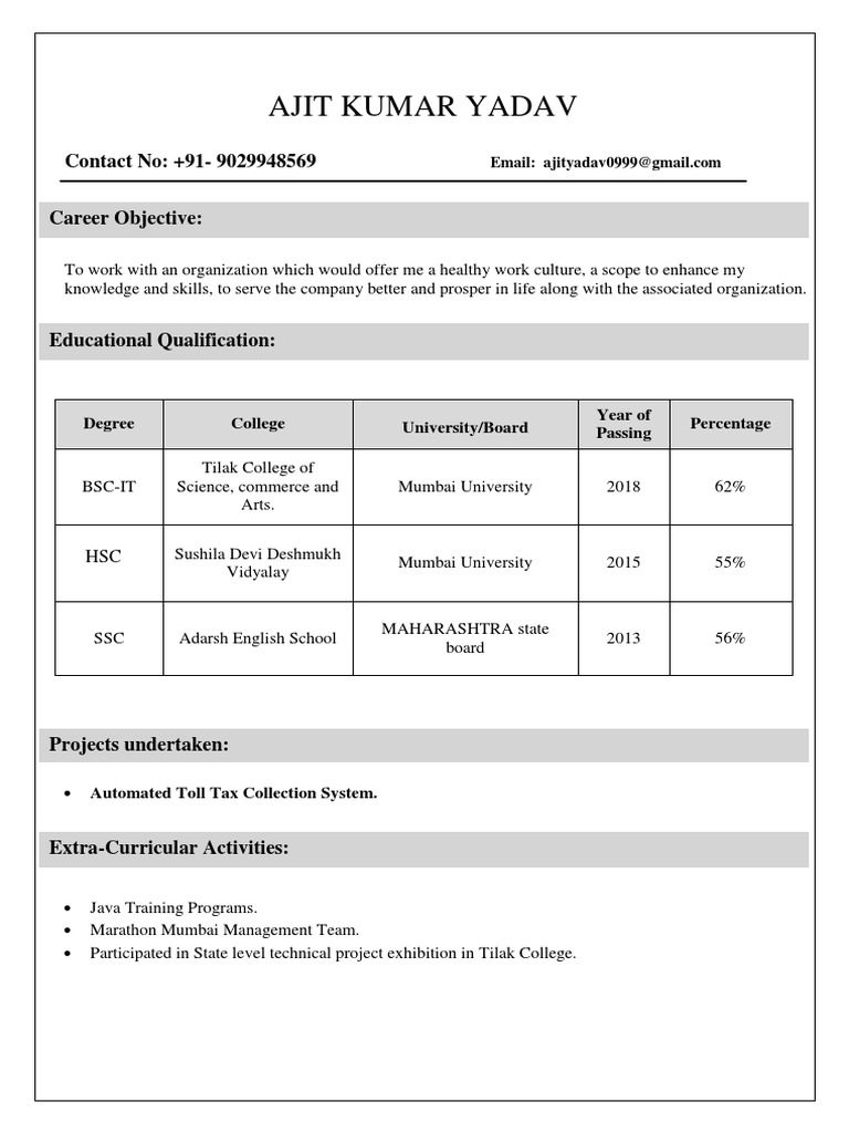 Ajit Kumar Yadav Resume Overview | PDF