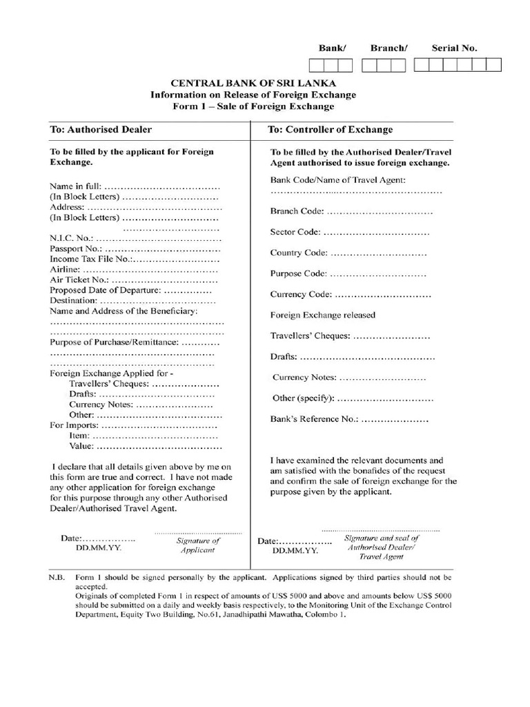 FORM 1 Sale of Foreign Exchange