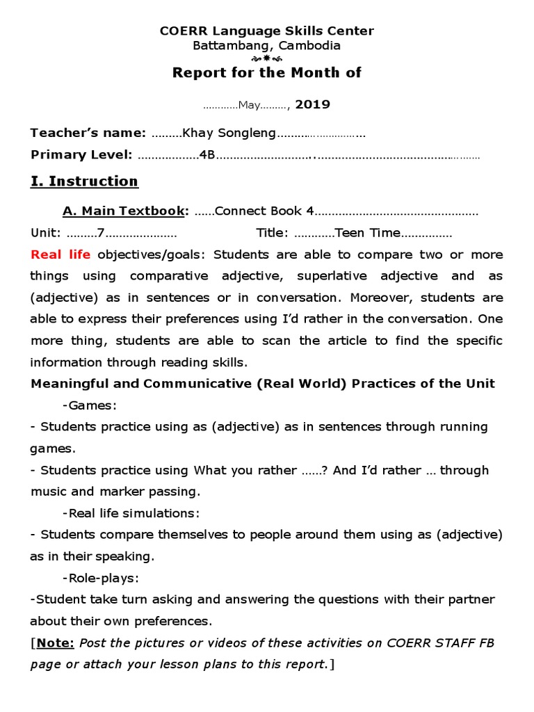 Report For The Month Of: COERR Language Skills Center | PDF ...