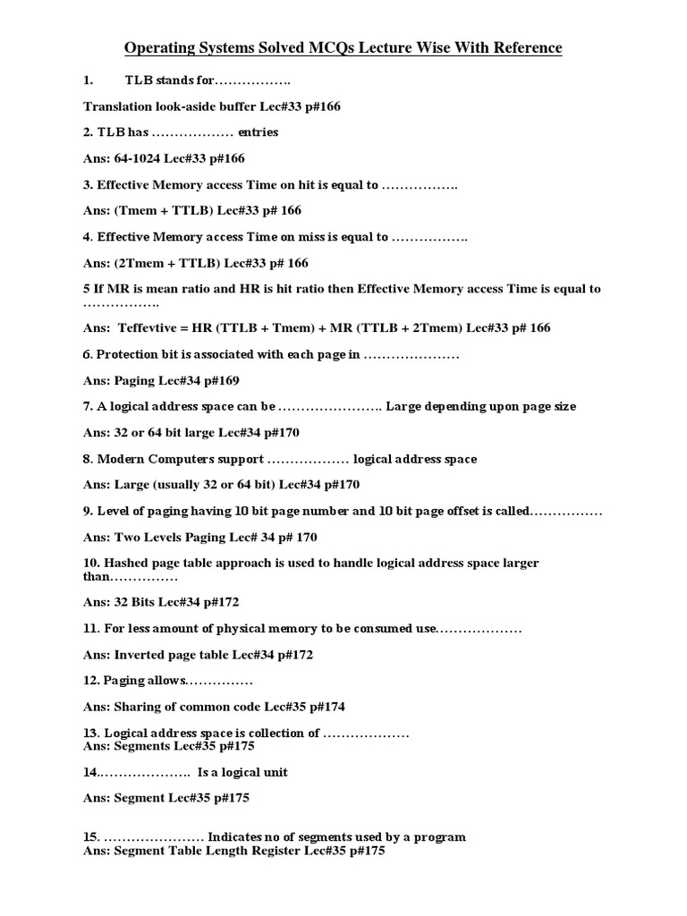 Operating Systems Solved Mcqs Lecture Wise With Reference | PDF | Computer File | Computer Hardware