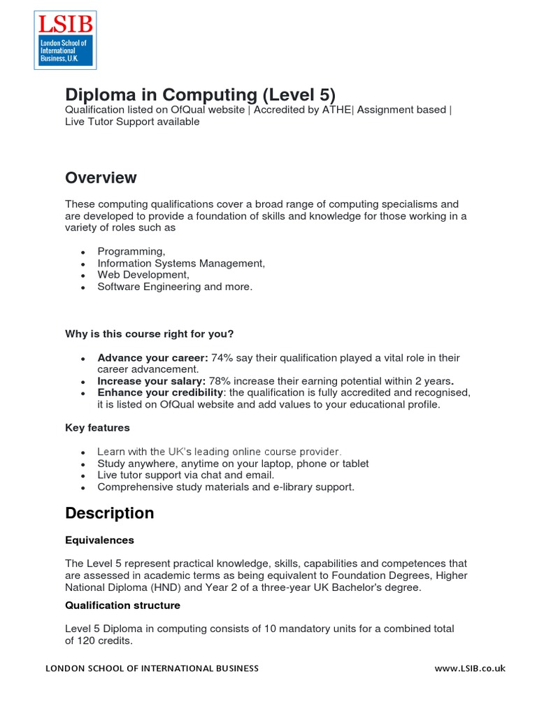 Diploma in Computing (Level 5) | PDF | Bachelor Of Science | Diploma
