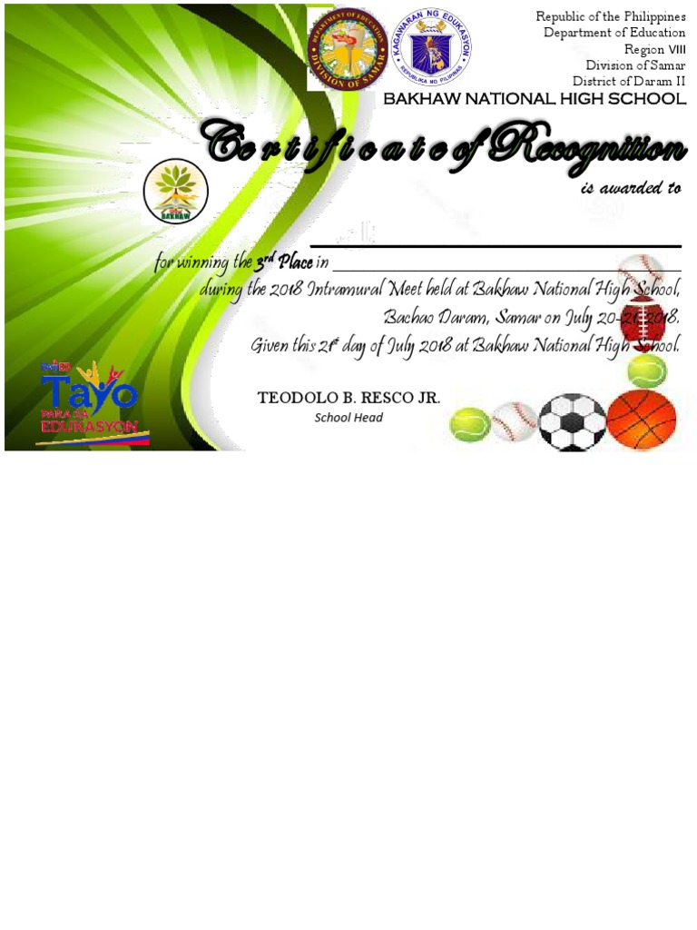 Certificate of Recognition for Achieving 3rd Place in [Event Name] at ...