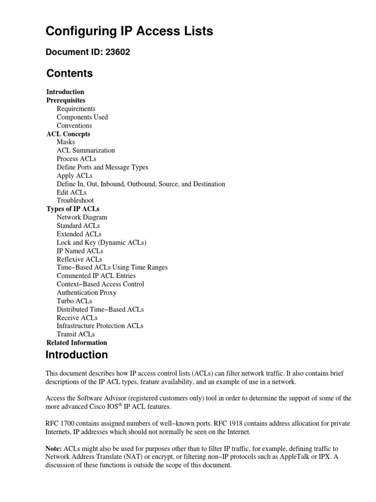 Configuring IP Access Lists: Document ID: 23602 | PDF | Ip Address | Port (Computer Networking)