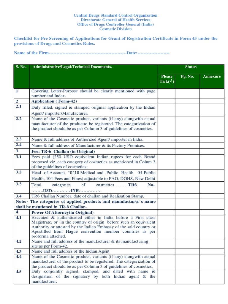 CDSCO Checklist For Cosmetic Registration in India | PDF | Power Of Attorney | Signature