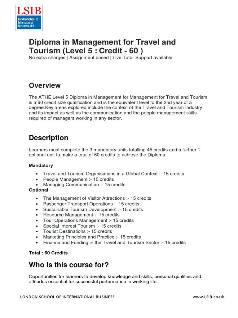 Diploma in Management For Travel and Tourism (Level 5: Credit - 60 ...