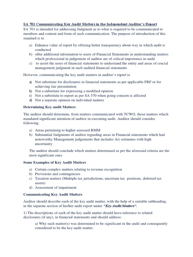SA 701 Communicating Key Audit Matters in The Independent Auditor's Report | Download Free PDF ...