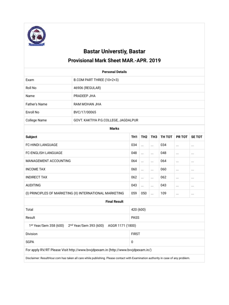 Bastar Universtiy, Bastar: Provisional Mark Sheet MAR.-APR. 2019 | PDF